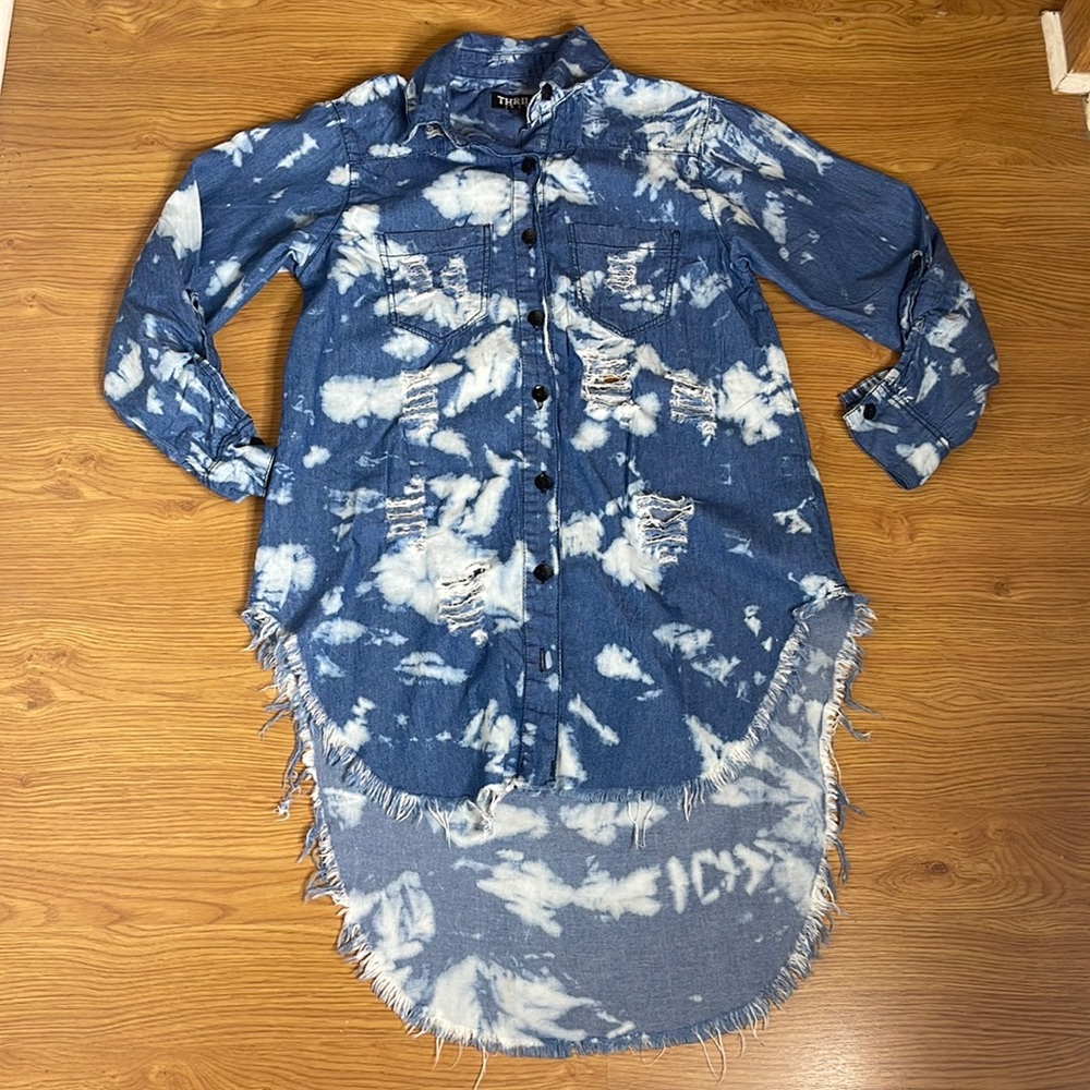 Thrill Tye Dye Long Distressed Denim Button Down Top … - Gem